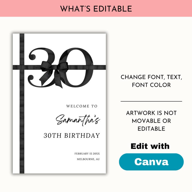 Editable 30th Birthday Welcome Sign, Black Bow Birthday Welcome Poster ...