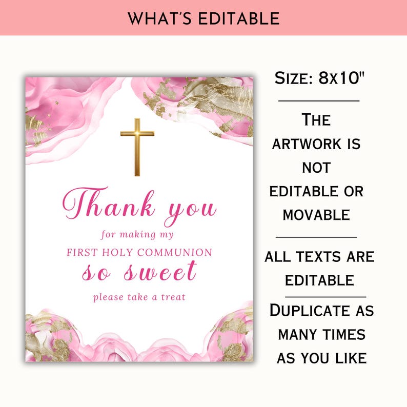 First Holy Communion Pink Favor Sign, Thank You for Coming Signage ...