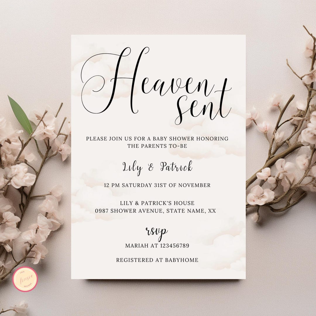 Heaven Sent Baby Shower Invitation - A Little Piece of Heaven Baby ...