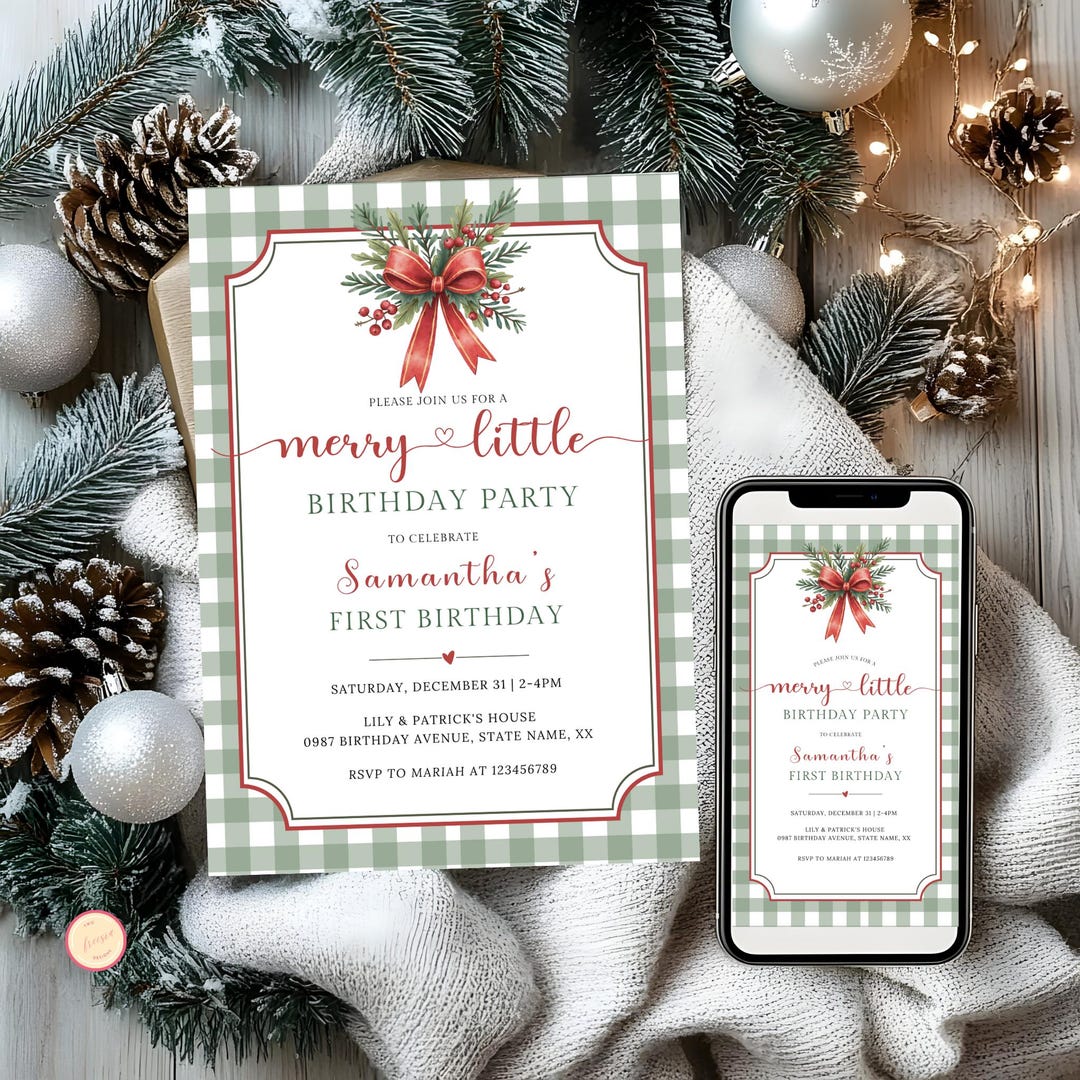 Christmas First Birthday Invitation, Merry Little First Birthday Invite ...
