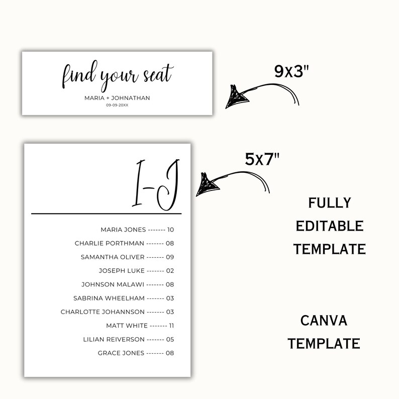 5x7 Alphabetical Seating Chart Template, Elegant Seating Plan, Wedding ...