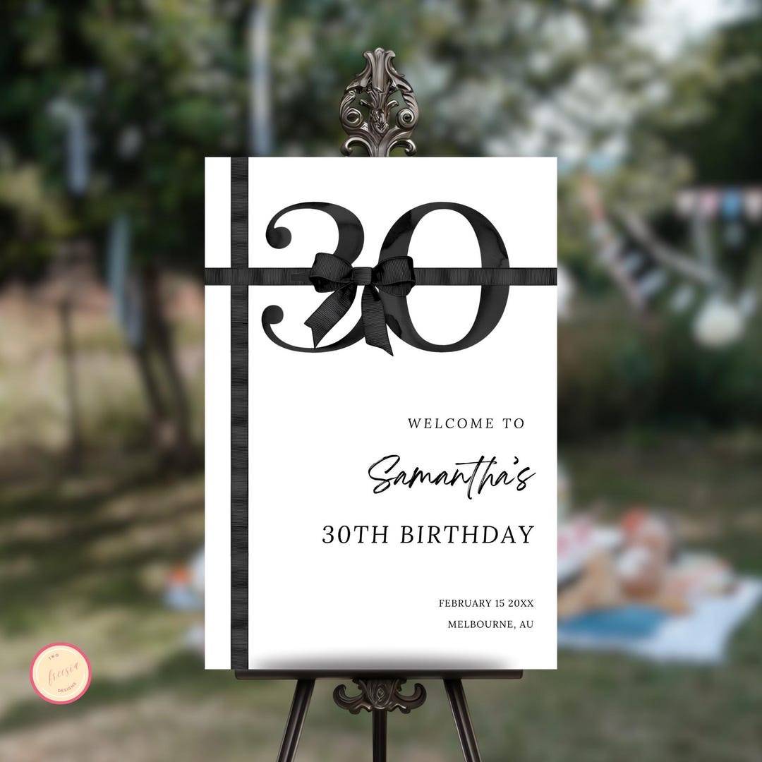 Editable 30th Birthday Welcome Sign, Black Bow Birthday Welcome Poster ...