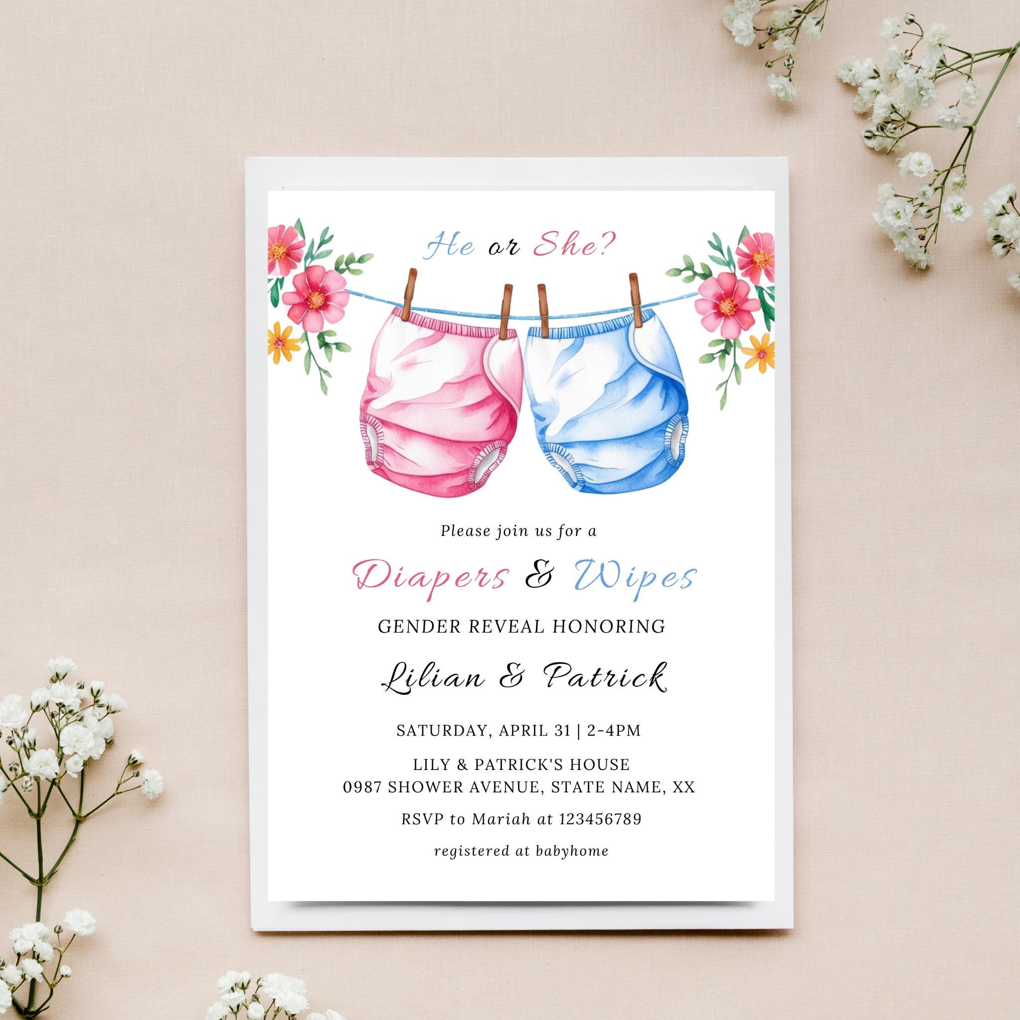Gender Reveal Invitation Template, Editable Diapers, and Wipes Invite ...