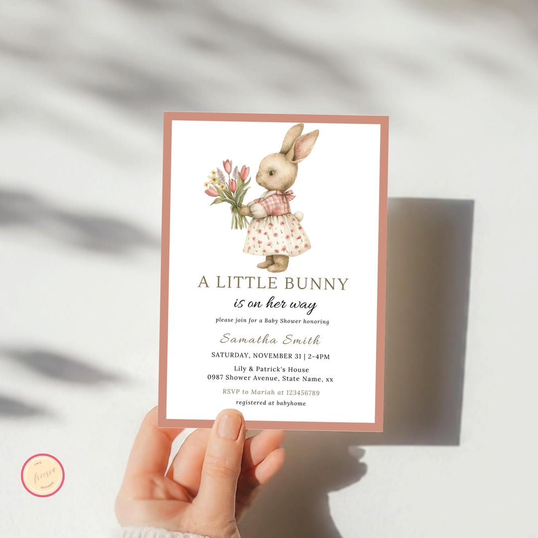 Editable Girl Rabbit Baby Shower Invitation, A Little Bunny is on Her ...