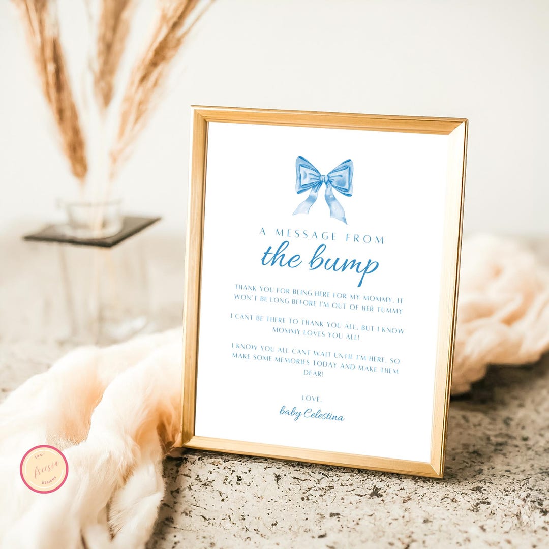 Message From the Bump Sign, Blue Bow, Minimalist Baby Shower Party Sign ...