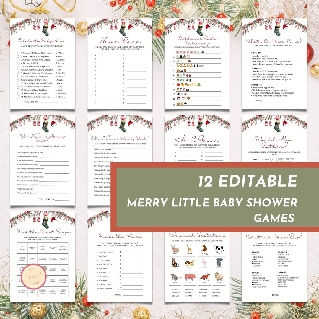 Merry Little Baby Shower Game Bundle, 12 Editable Christmas Baby Shower ...