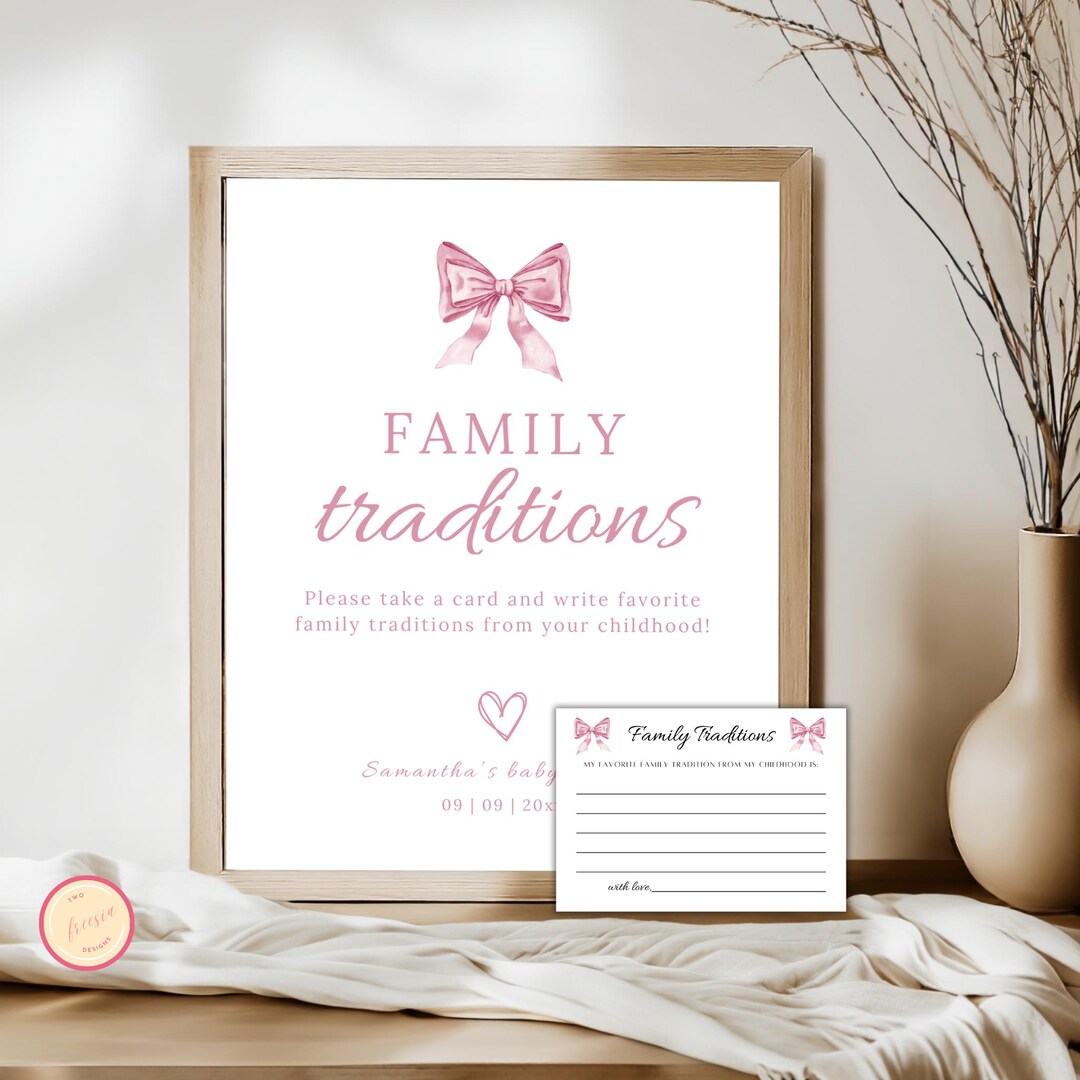 Family Traditions Sign and Card Template, Pink Bow, Minimalist Baby ...