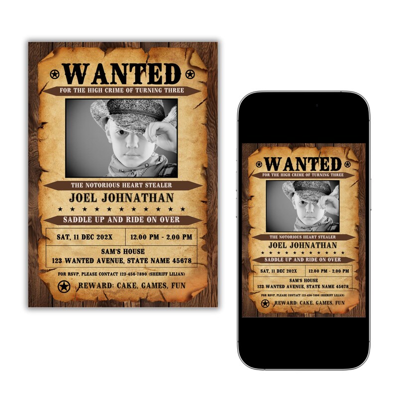 Editable Wanted Poster Invitation Template With Photo, Cowboy Cowgirl ...