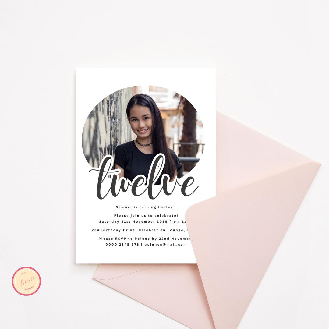 12th Birthday Photo Invitation Template, Twelve Birthday Invite ...