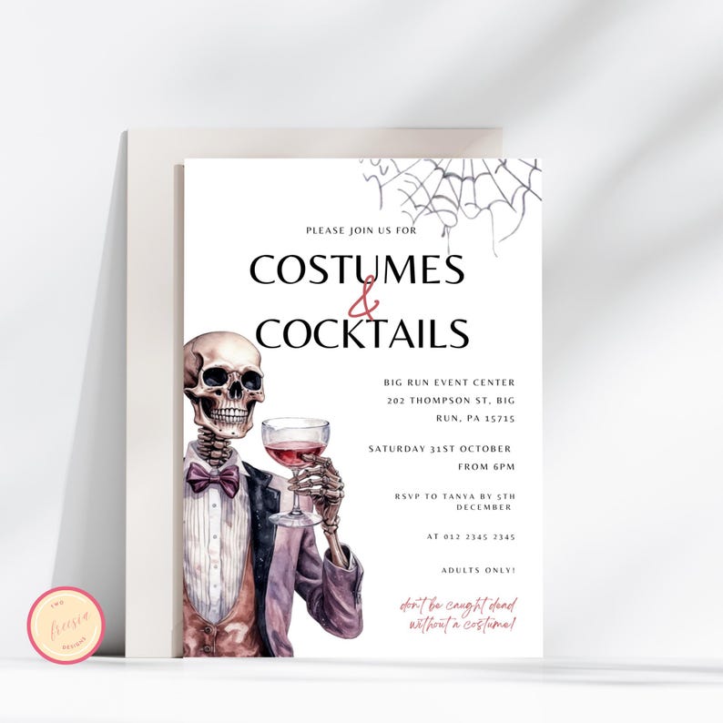 Editable Costumes and Cocktails Invite - Halloween Skeleton Invitation ...