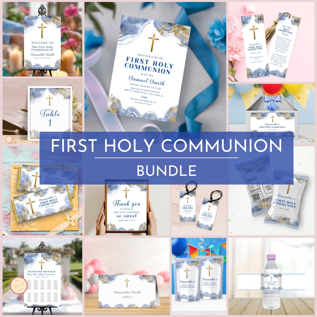 First Holy Communion Bundle Template Printable, Blue and Gold, Boy Girl ...