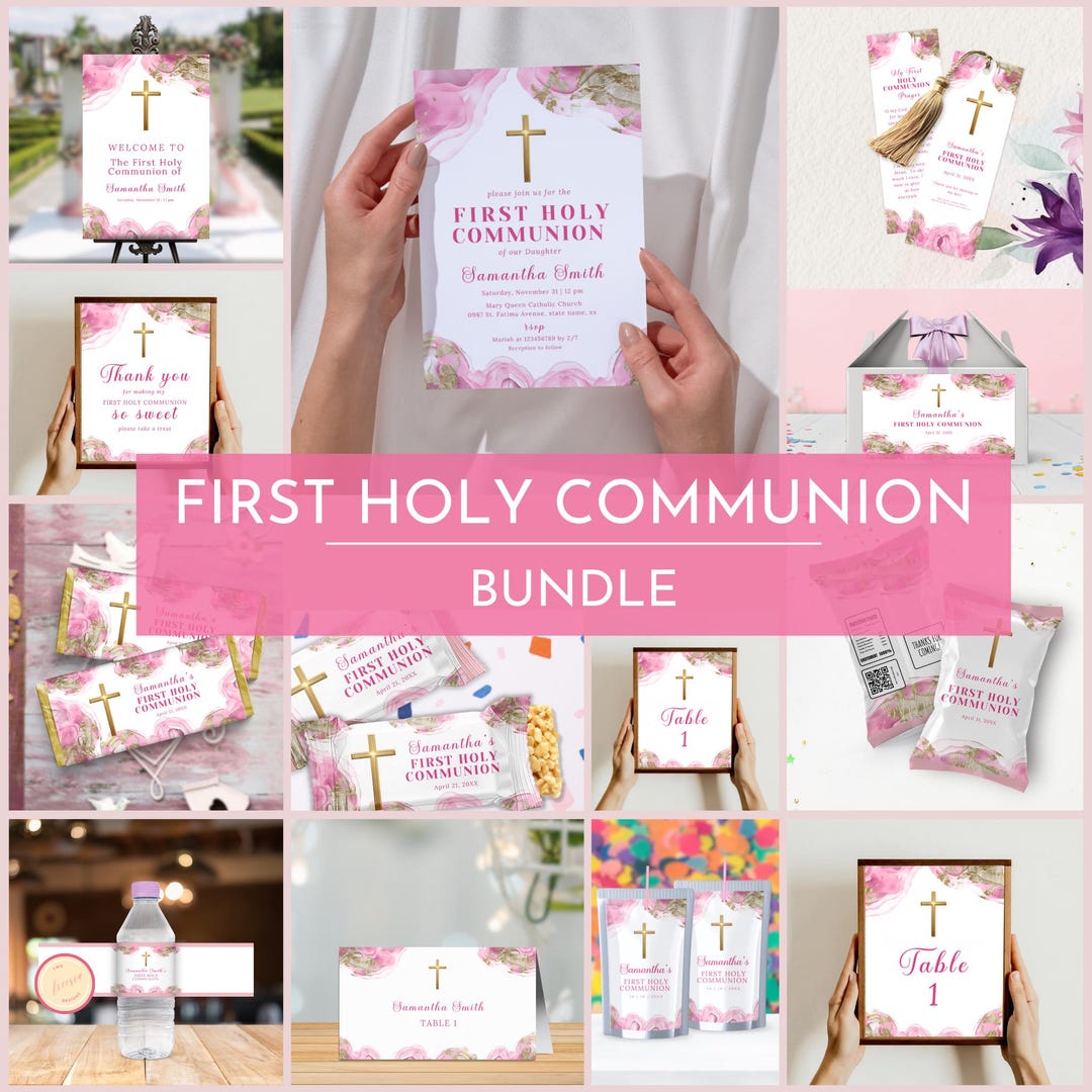 First Holy Communion Bundle Template Printable, Pink and Gold, Pink ...