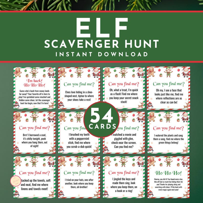 54 Printable Elf Scavenger Hunt, Indoor Christmas Elf Treasure Hunt for ...
