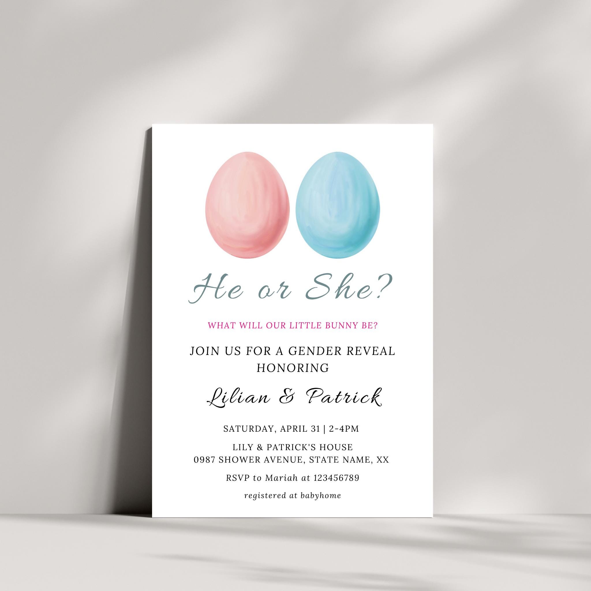 Easter Egg Gender Reveal Invitation Template, He or She Baby, Blue or ...