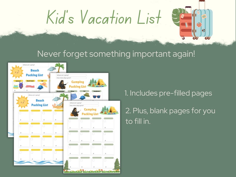 Vacation Packing Checklist for Kids Printable Vacation List Packing ...