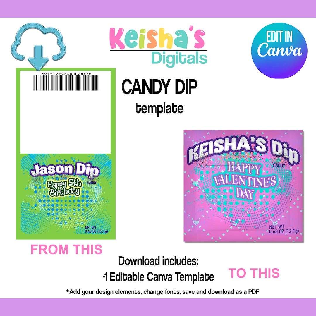 Candy Dip Label Canva Template, Sugar Candy Party Favor Template, DIY ...