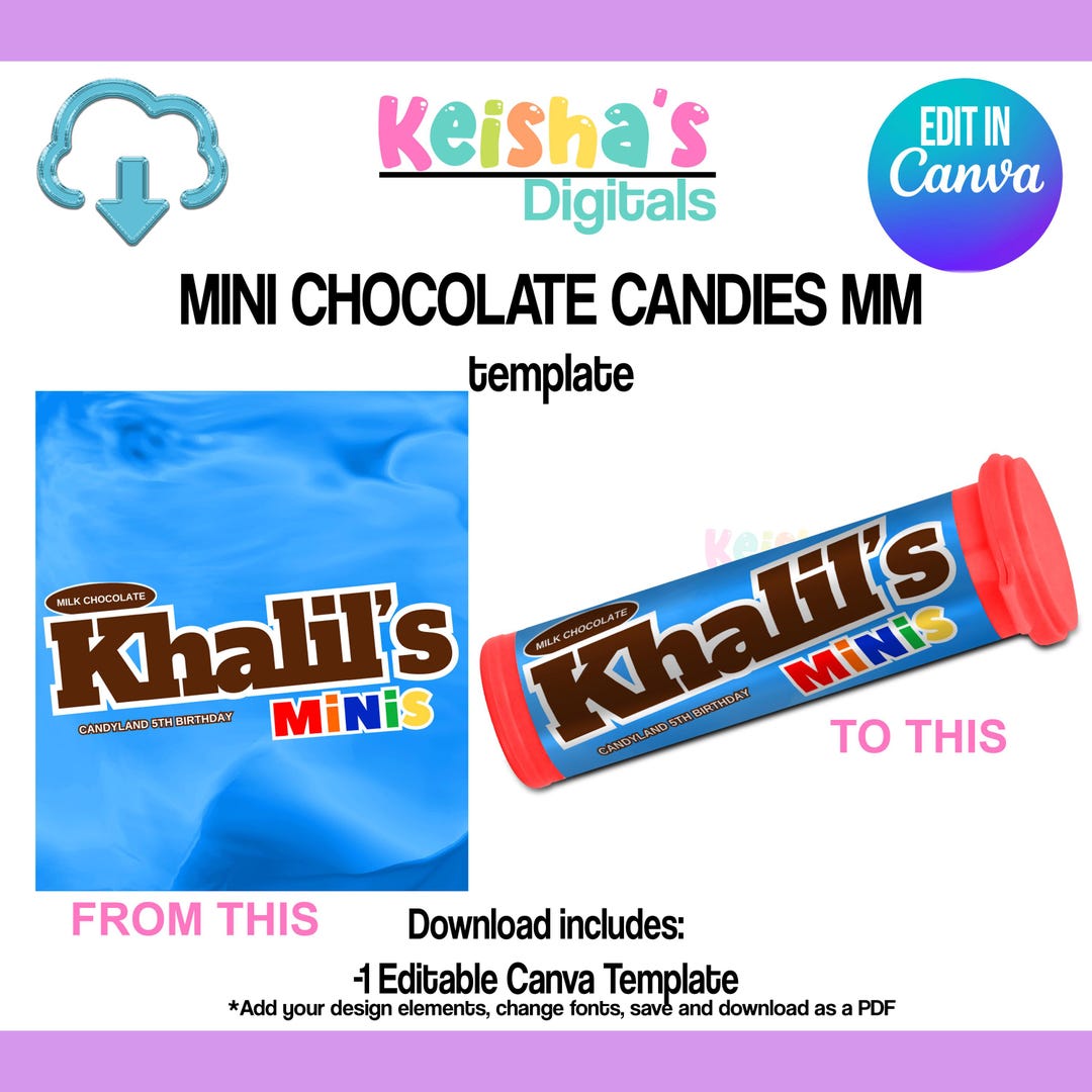 Mini Chocolate Candies Label Canva Template, Party Favor Template, DIY ...