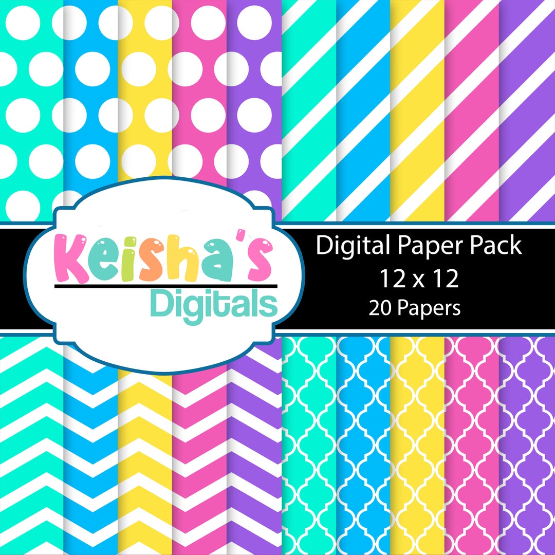 80s Digital Paper Commercial Use, Polka Dots, Strips Chevrons, Pinks ...