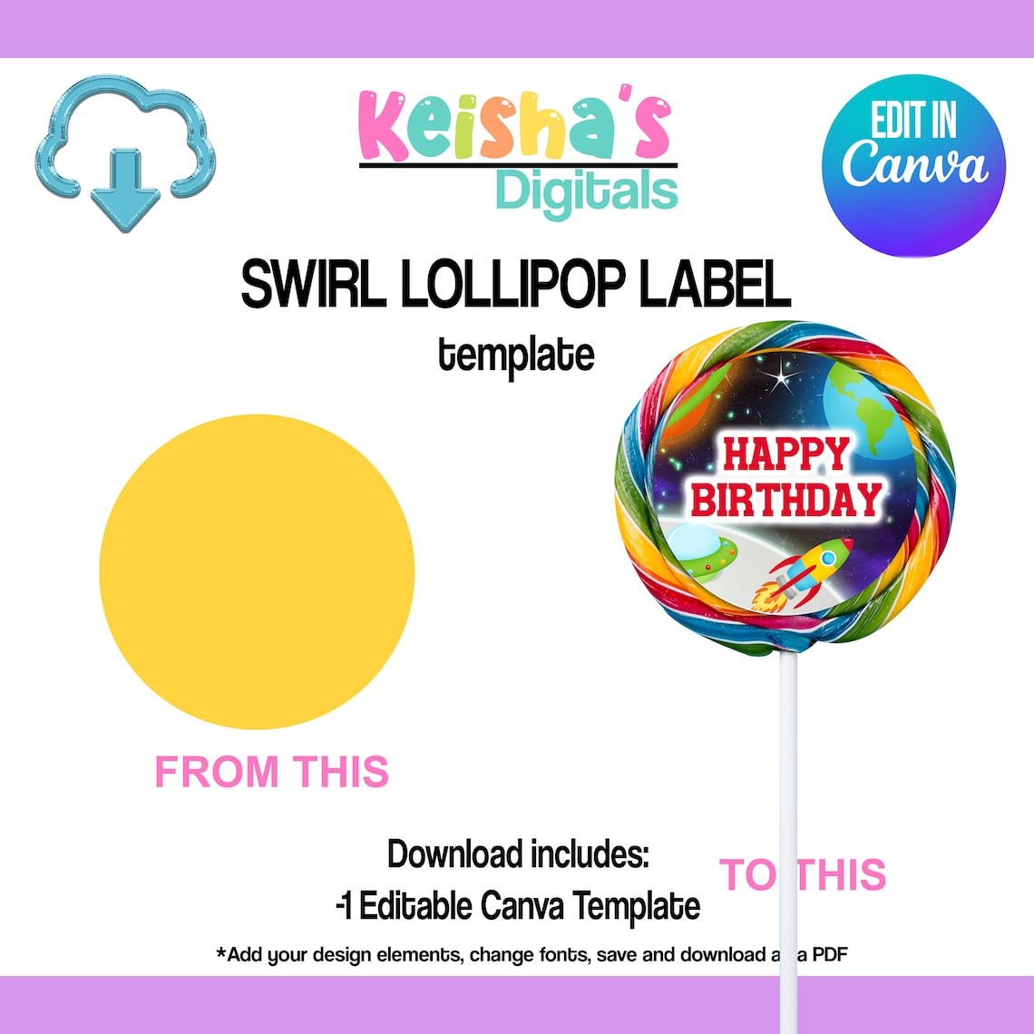 Swirl Lollipop Label Canva Template, Party Favor Template, DIY Party ...
