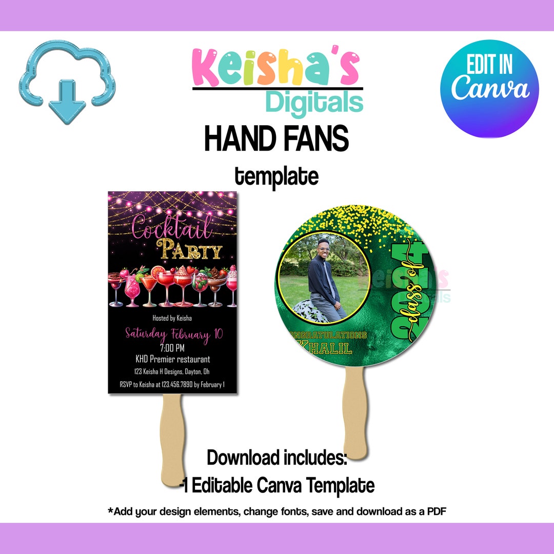 Hand Fans Canva Template, Party Favor Template, DIY Party, Blank Party ...
