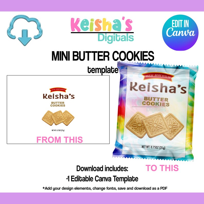Mini Butter Cookies Label Canva Template, Blank DIY Party Favor ...