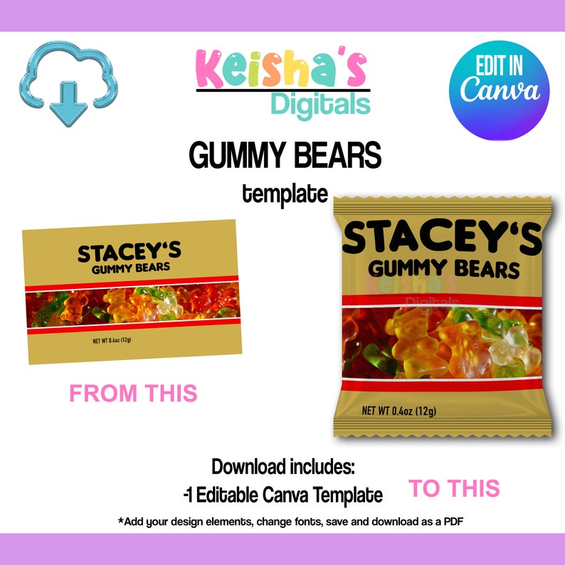 Gummy Bear Canva Template, Party Favor Template, DIY Party, Blank Party ...