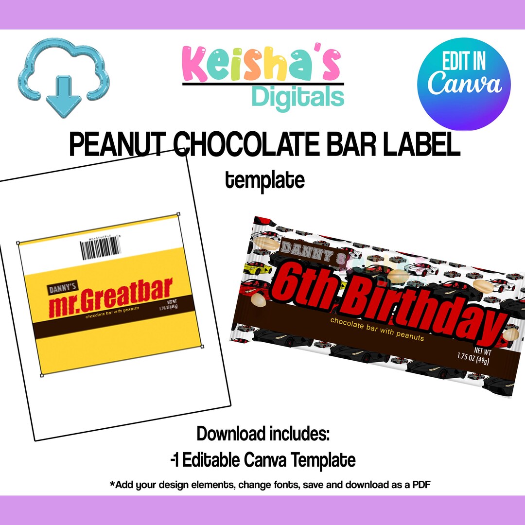 Peanut Chocolate Bar Canva Template, Party Favor Template, DIY Party ...