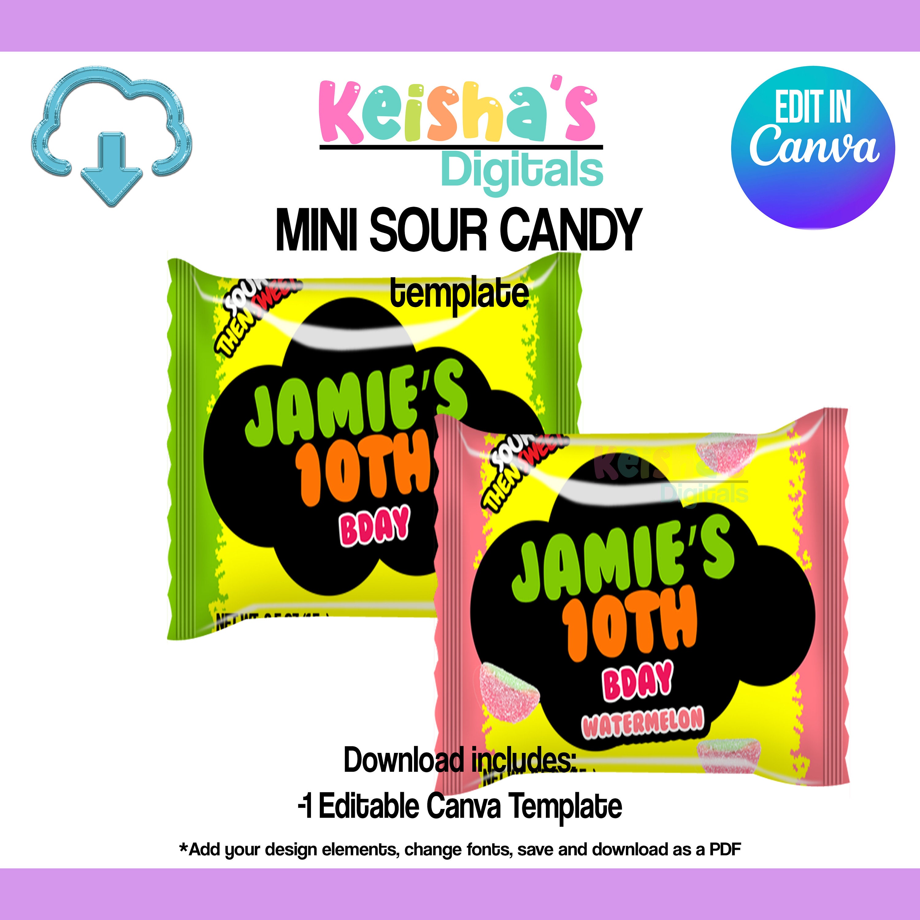 Sour Candy Mini Label Canva Template, Party Favor Template, DIY Party ...