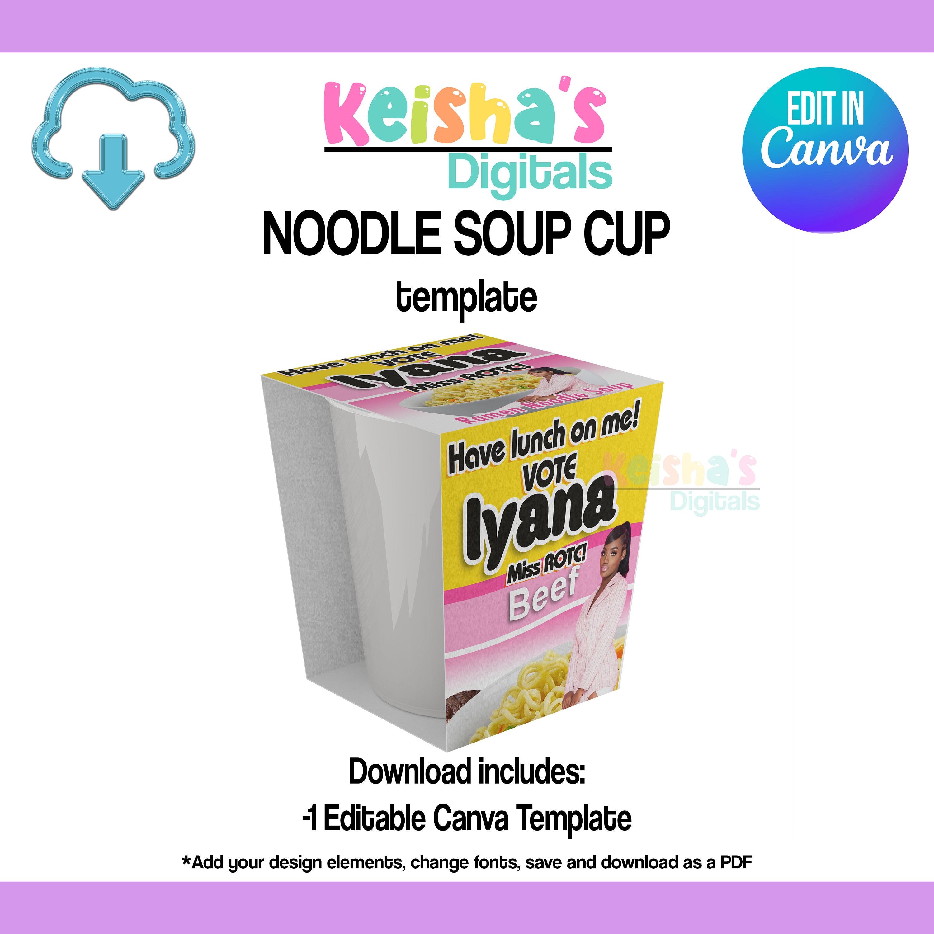 Noodle Soup Cup Label Canva Template, Party Favor Template, DIY Party ...