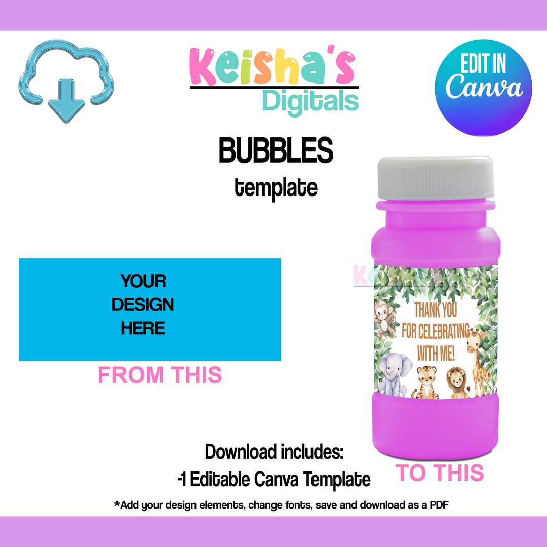 Bubbles Canva Template, Party Favor Template, DIY Party, Blank Party ...