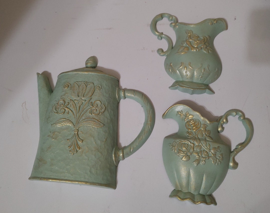 Vintage Home Interior Pitchers Wall Hangings Set of Three Upcycled Teal ...