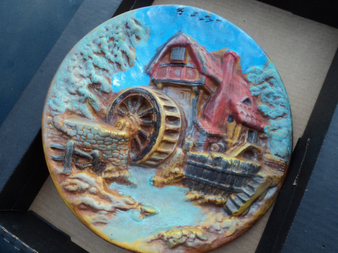 A Vintage Ceramic Plate Watermill by the River 1969 Hand Painted Wall ...