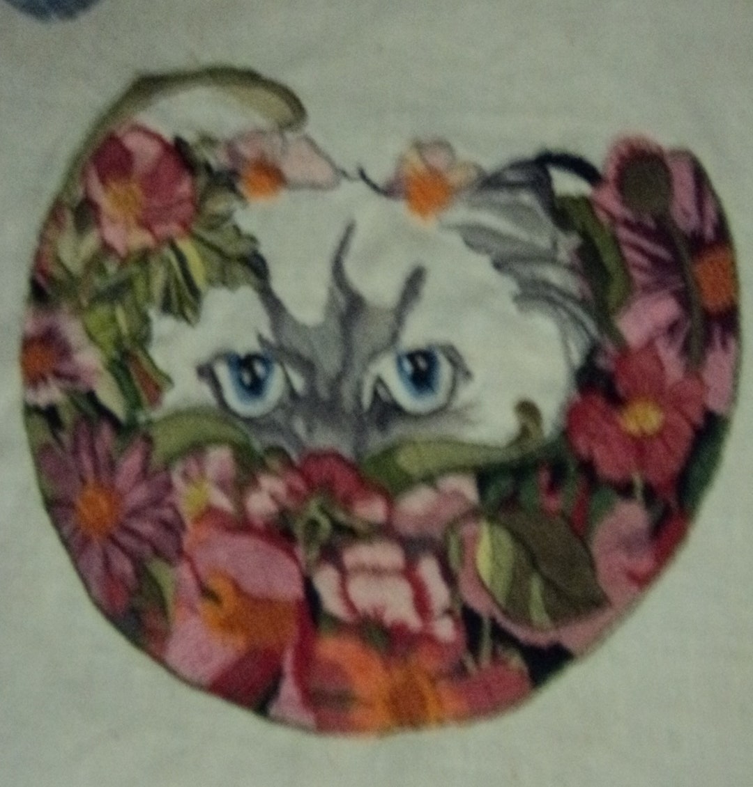 Hand Embroidered Crewel Embroidered Kitty Playing in Flower Beds ...