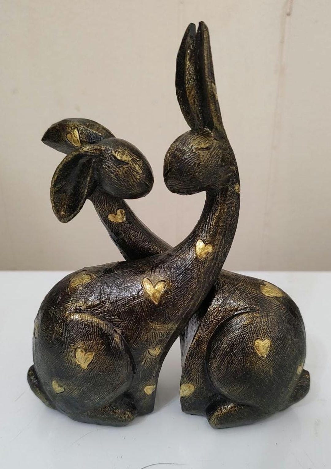 Hand Painted Resin Figurines Interlocking Loving Rabbits Black and Gold ...