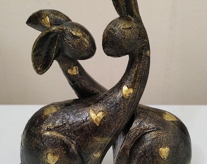 Hand Painted Resin Figurines Interlocking Loving Rabbits Black and Gold ...