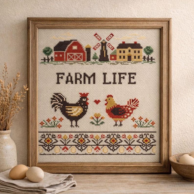 Farm Life Cross Stitch Pattern, Farmhouse Barn Sampler, Rustic Country ...