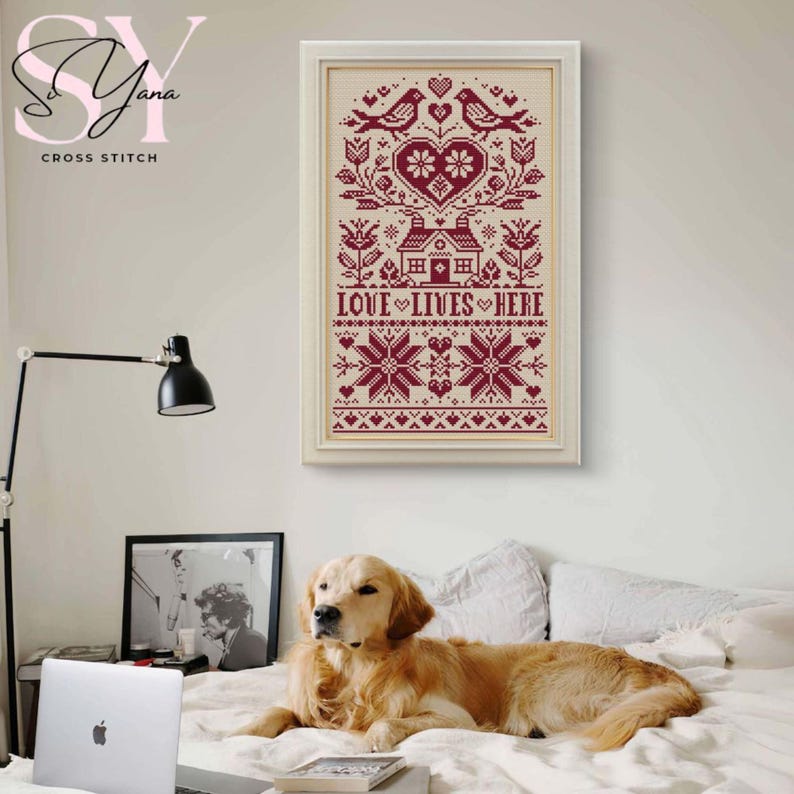 Love Lives Here Cross Stitch Pattern, Folk Heart Sampler, Romantic ...
