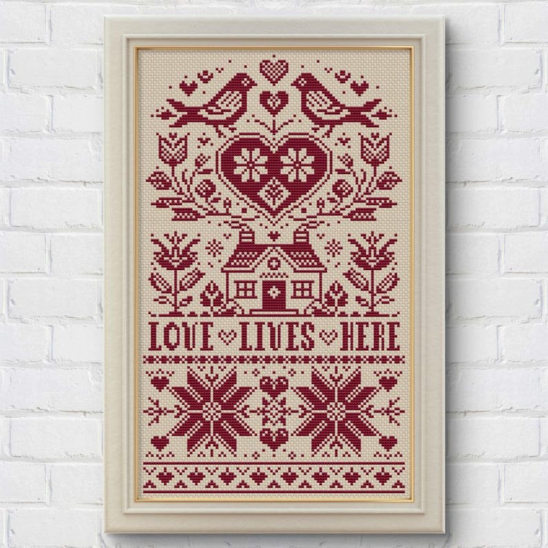 Love Lives Here Cross Stitch Pattern, Folk Heart Sampler, Romantic ...