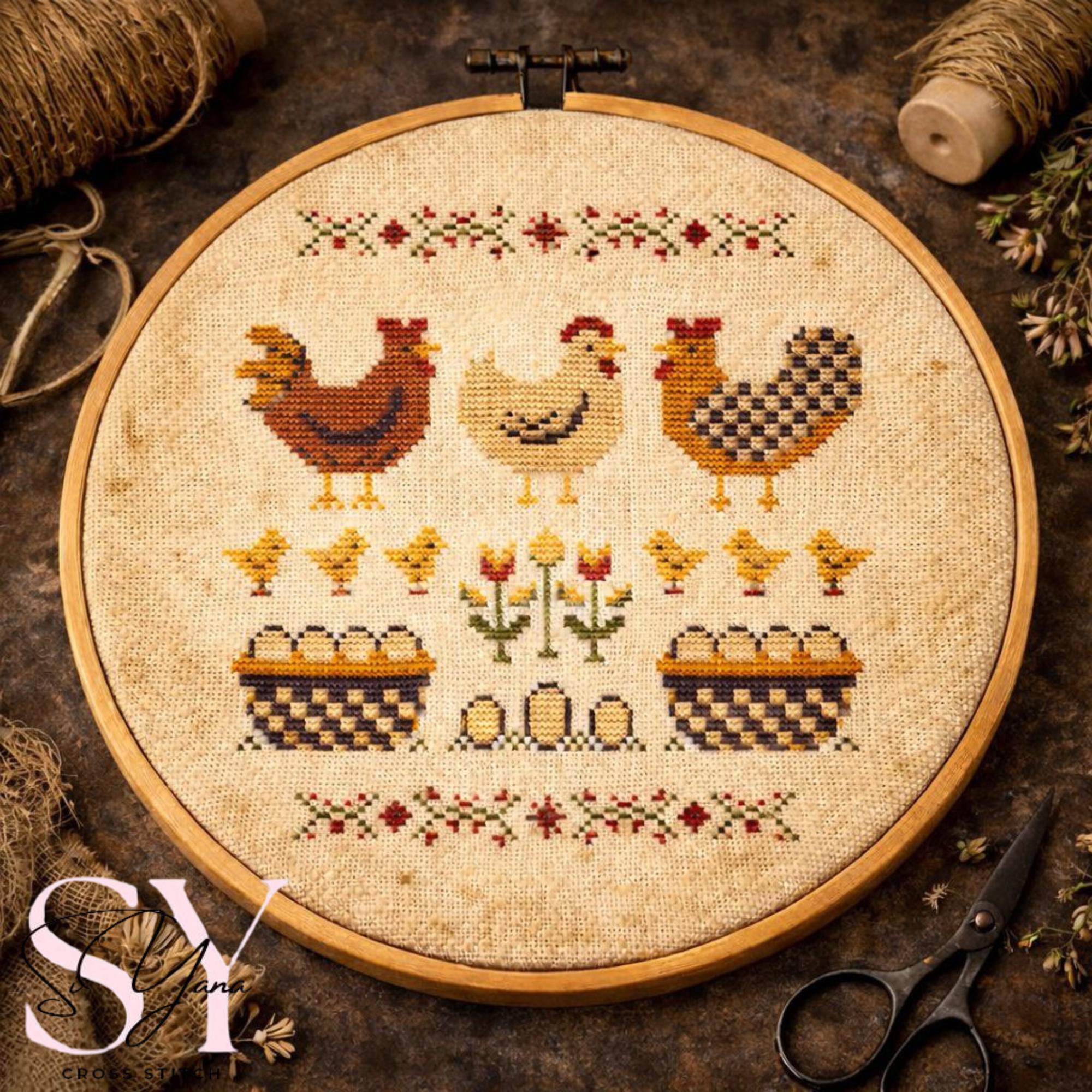 Primitive Hen Sampler Cross Stitch Pattern, Country Chicken Embroidery ...