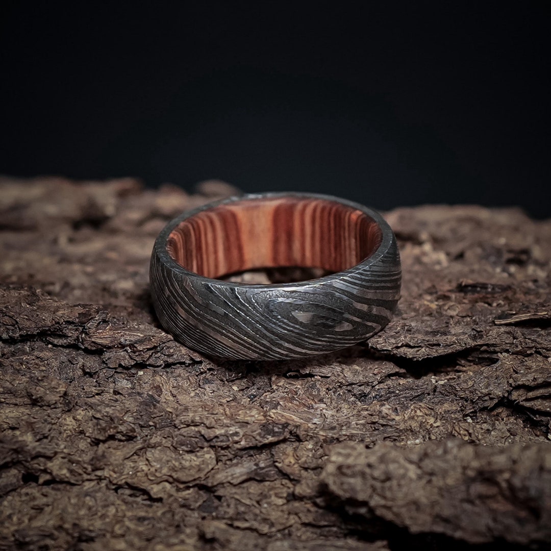 The Beacon, Whiskey Barrel Men Ring Wedding Band Wood Sleeve Damascus ...
