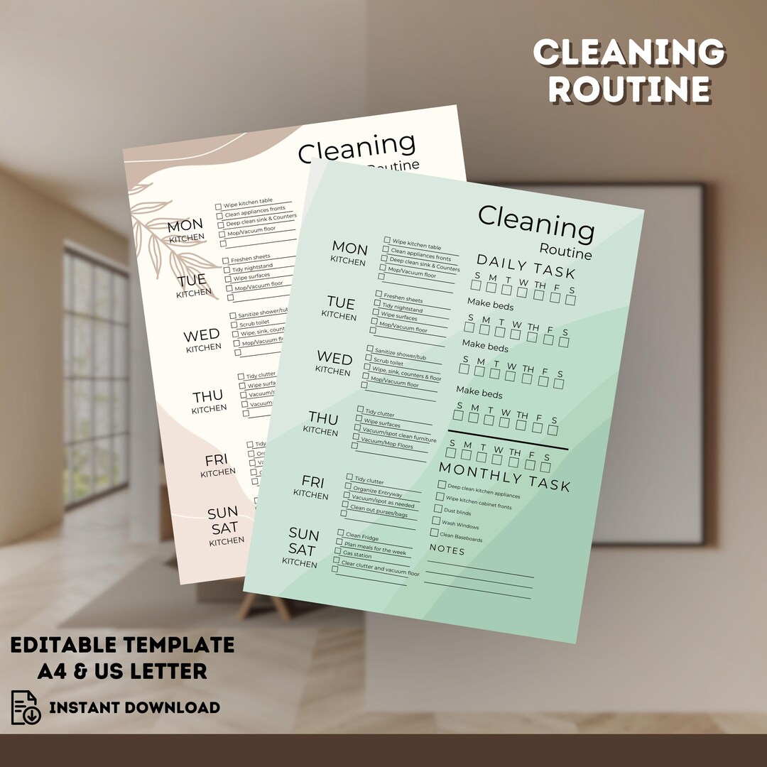 Printable Cleaning Routine Checklist, Editable Home Cleaning Planner ...