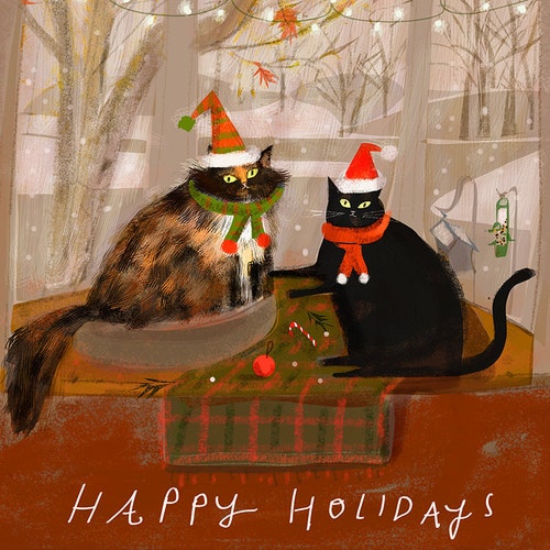 Happy Holidays Cozy Window Cats Holiday Cat Card Merry - Etsy