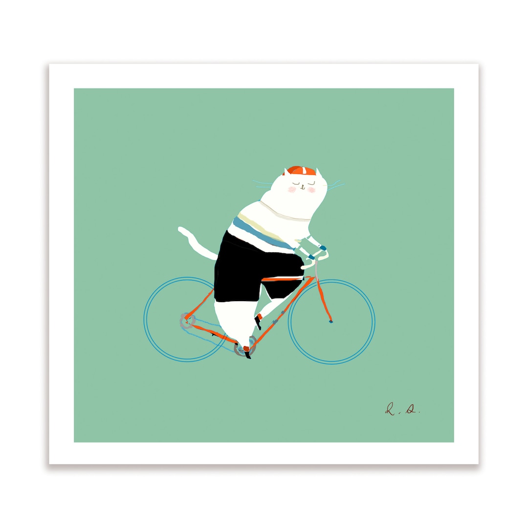 Cycling Cat Print - Limited Edition Color - Sage Green - Bike Cat ...