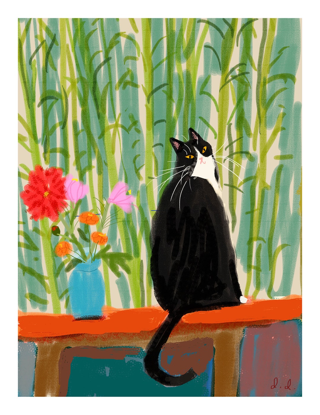 Bamboo Kitty Print- Cat Art - Etsy