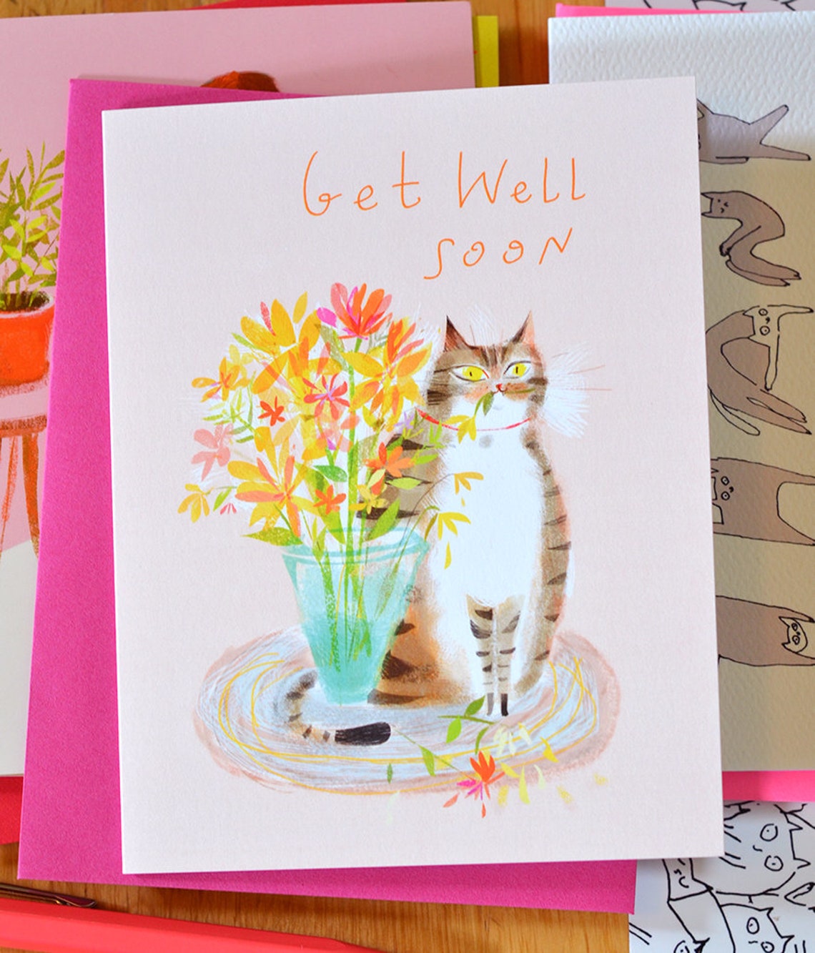 Get Well Soon Cat Card Flower Cat Funny Cat Card | Etsy