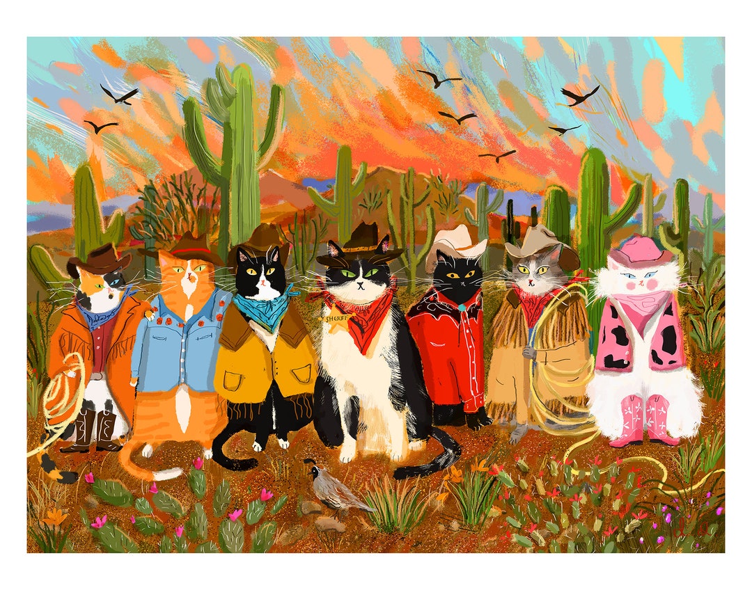 Cowboy Cats Print - Howdy Pawtner - Limited Edition Print - Cat Art ...
