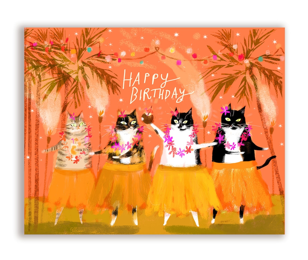 Tiki Birthday Cat Card - Luau Cats - Cat Birthday Cat Card - Etsy