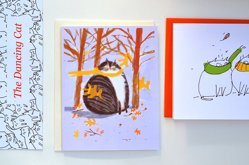 Fall Cat Card Fat Cat Yellow Scarf Fall Card Fall Art - Etsy