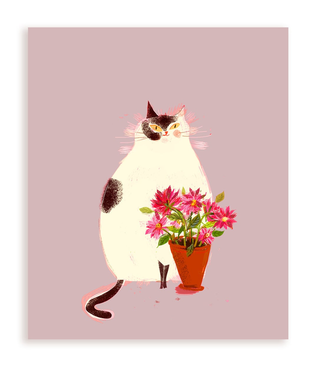 Pink Flowers Cat Print- Cat Art - Etsy