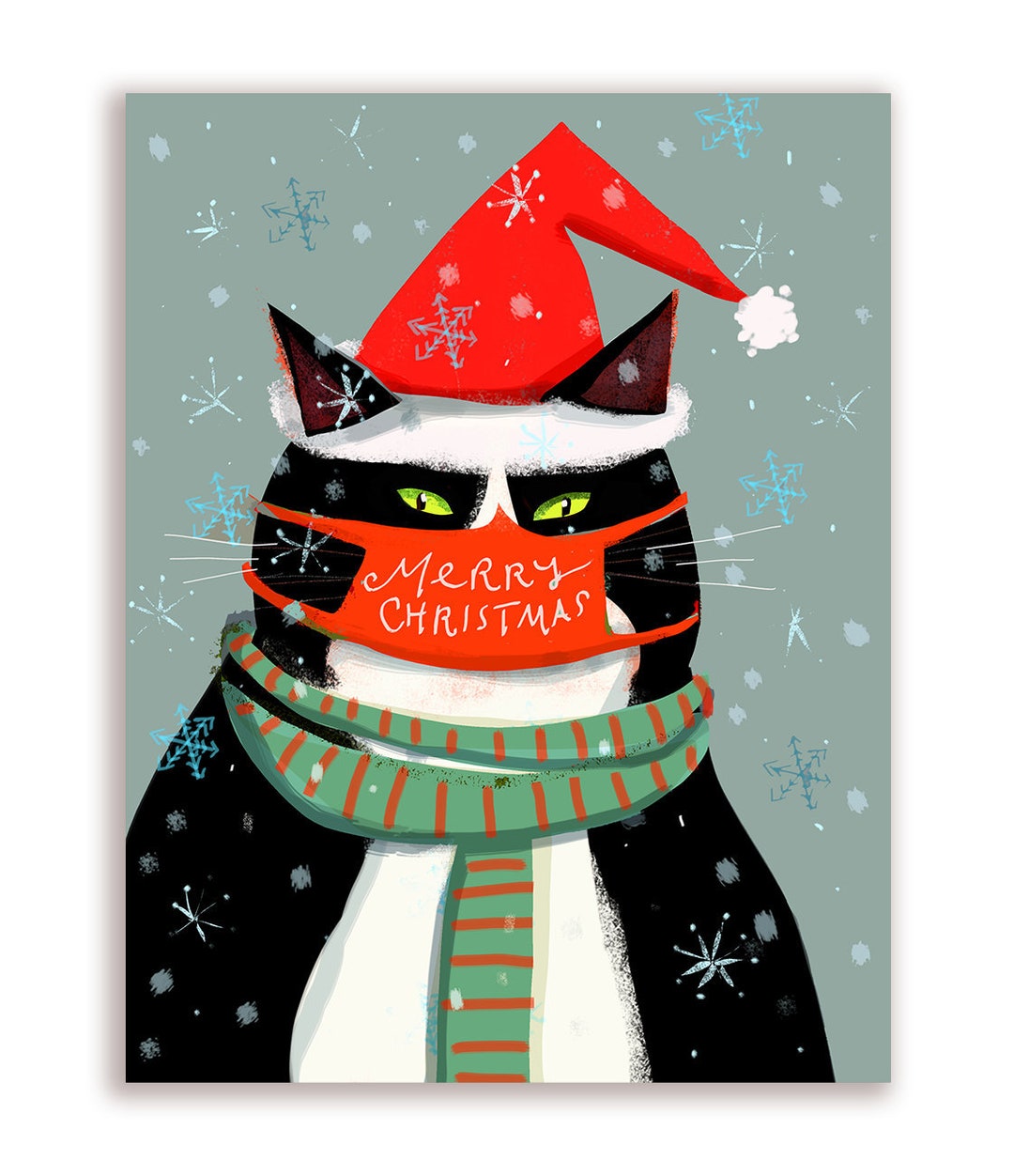 Merry Christmas Cat Mask Card- Green Eyes - Etsy